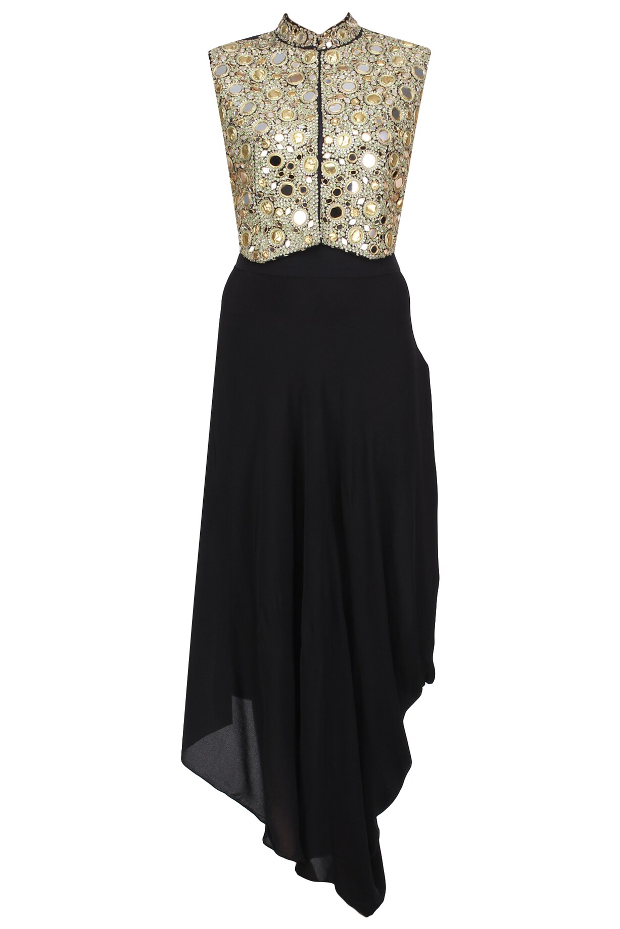 Black mirror work short jacket and drape skirt available only at Pernia ...