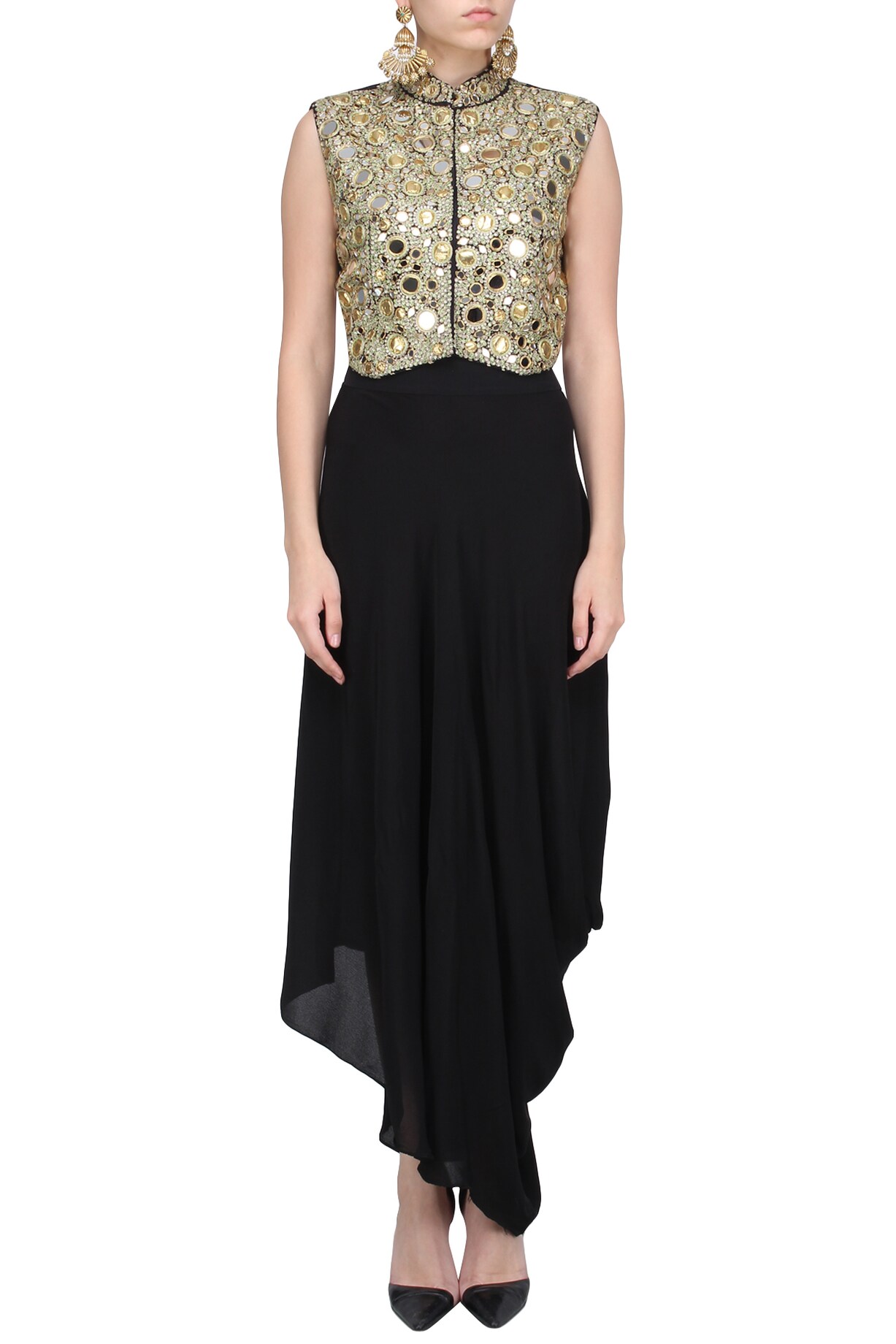 Black mirror work short jacket and drape skirt available only at Pernia ...