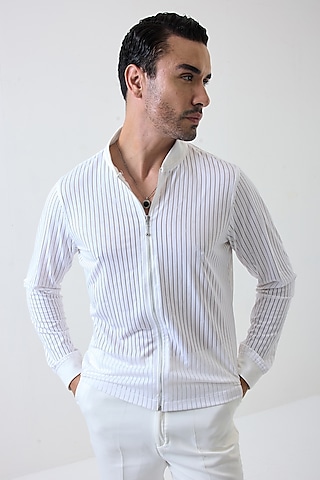 White Knit Sheer Bomber Jacket by PUNEET KAPOOR LABEL at Pernia's Pop ...