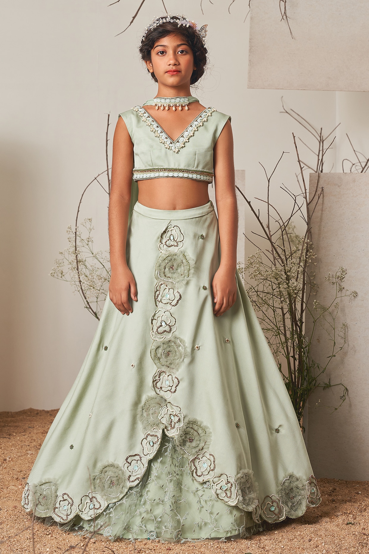 Mint Green Modal Satin Embroidered Lehenga Set For Girls by Potloo by ...