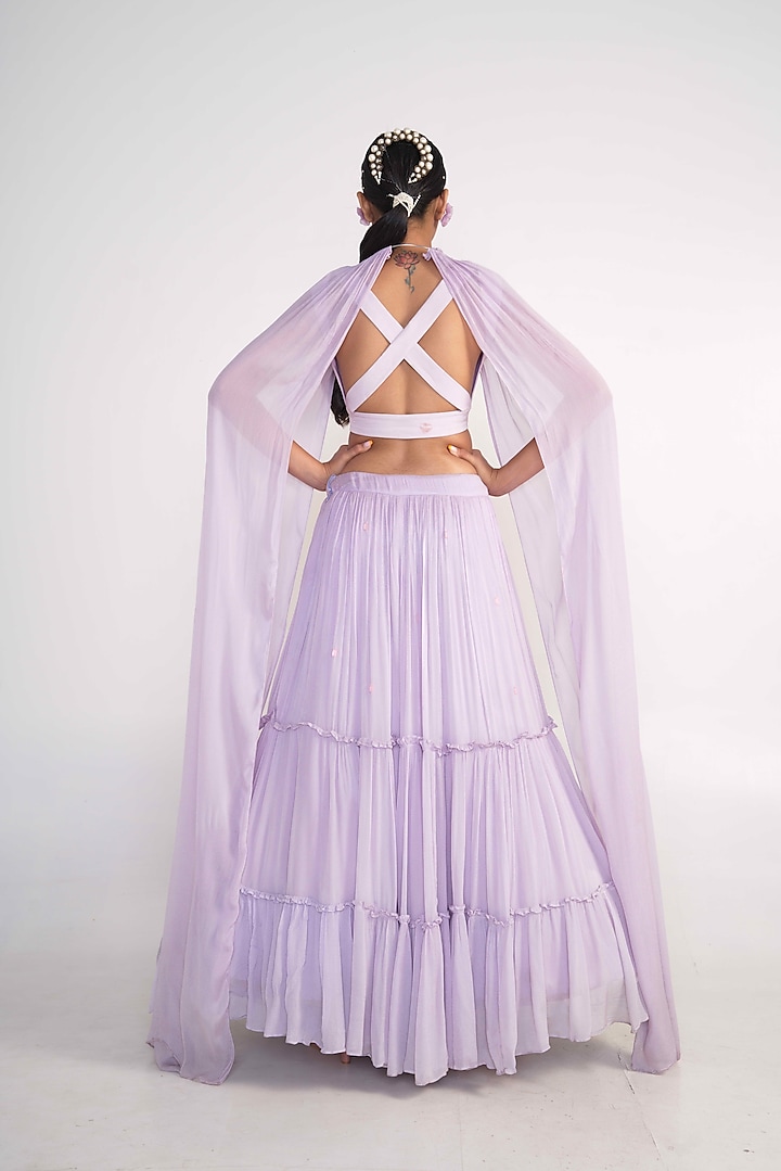 Lavender Chiffon Jacket Lehenga Set For Girls by Potloo by Merge at ...