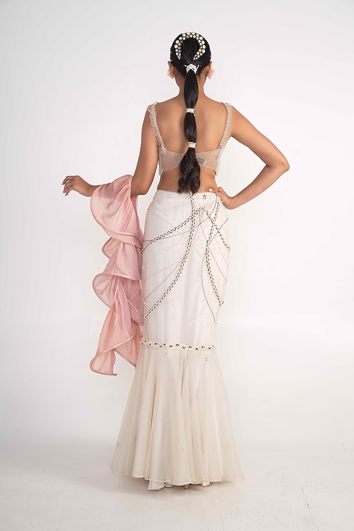 Ivory Net & Organza Embroidered Fish-Cut Lehenga Set For Girls by ...