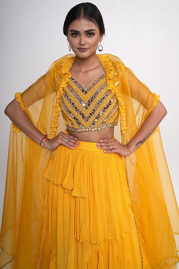 Yellow Chiffon Jacket Lehenga Set For Girls by Potloo by Merge at ...