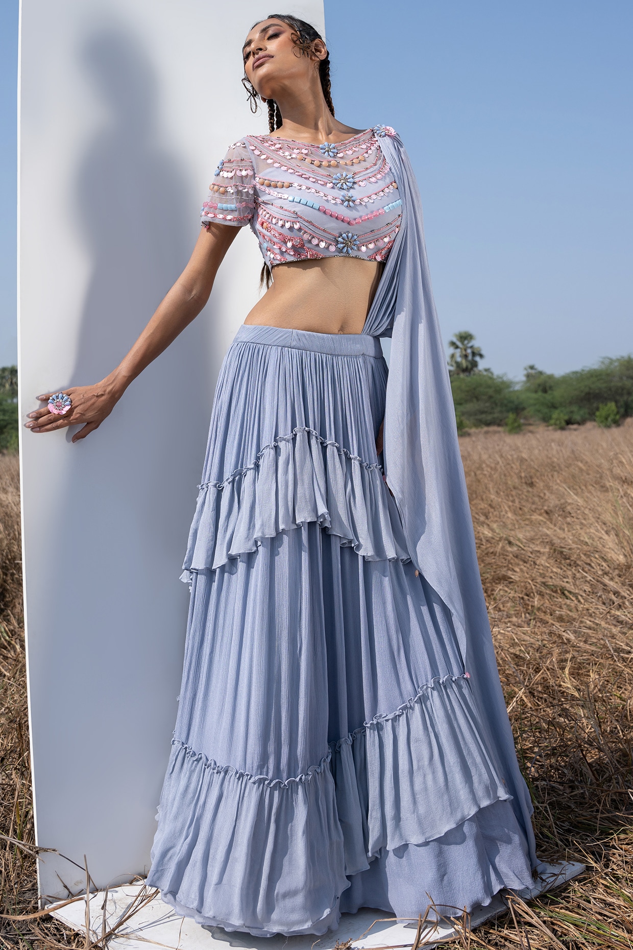 Ice Blue Chiffon Lehenga Set For Girls by Potloo by Merge at Pernia's ...