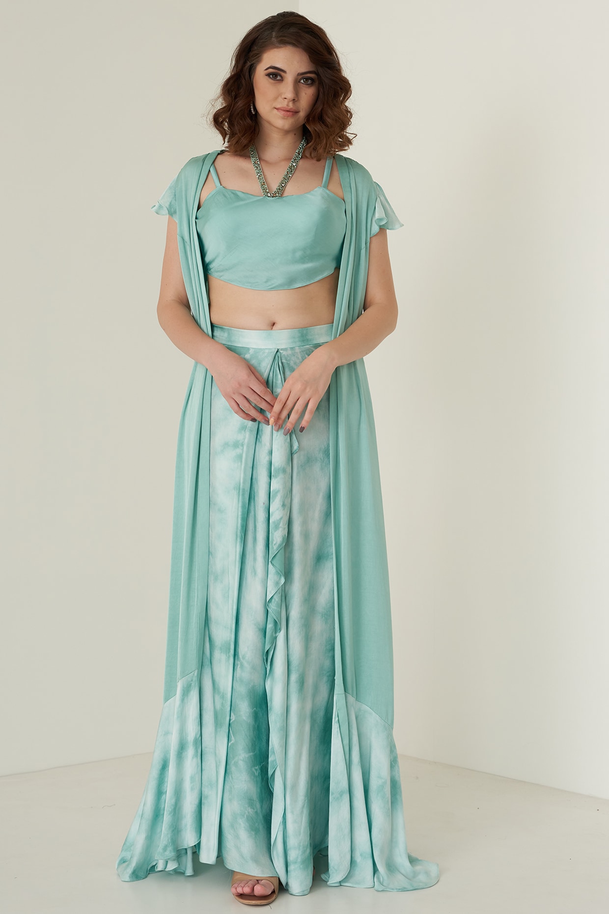 Aqua Blue Pure Satin Skirt Set For Girls by Potloo by Merge at Pernia's ...