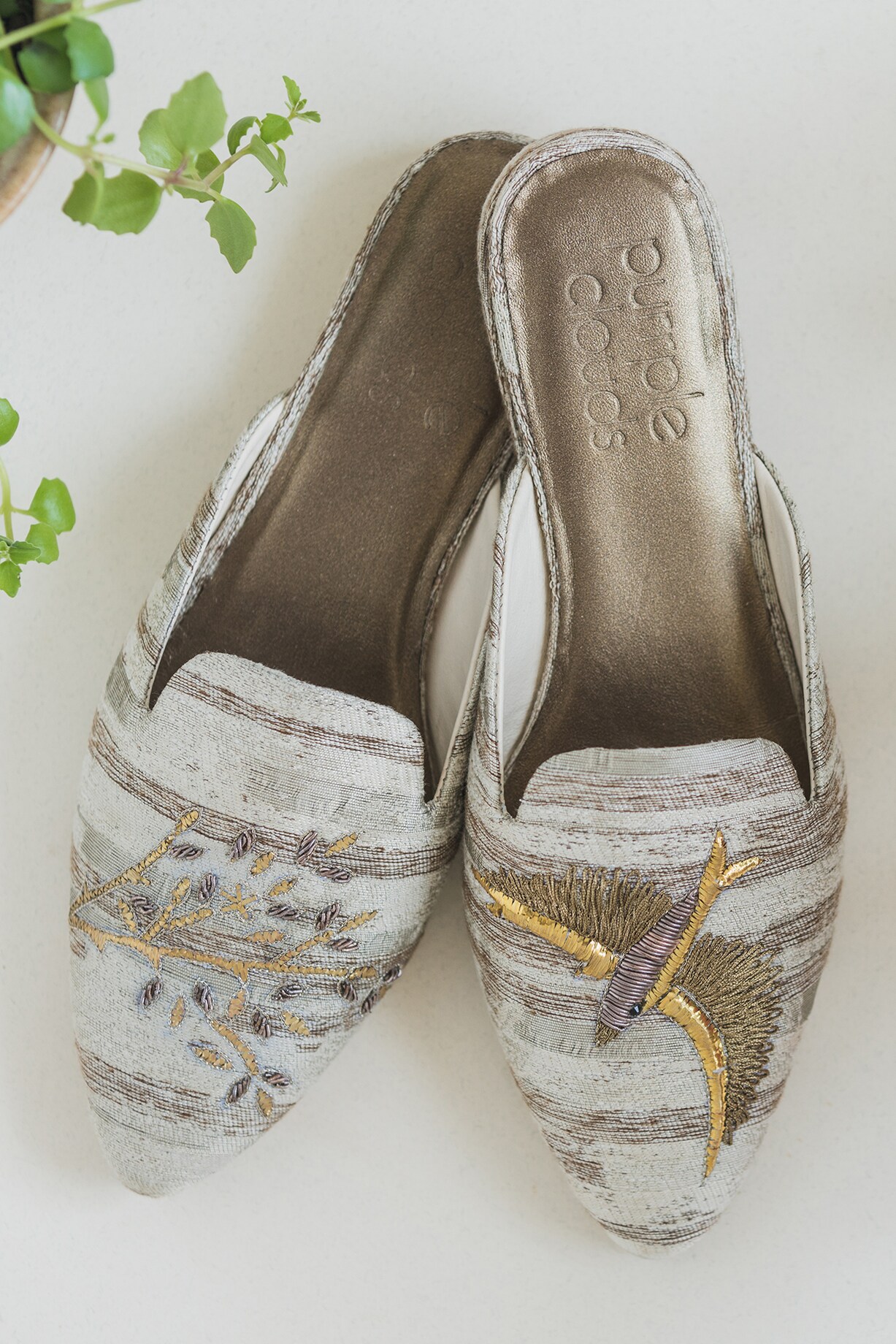 Gold Hand Embroidered Mules by PURRPLE CLOUDS at Pernia's Pop Up Shop 2024