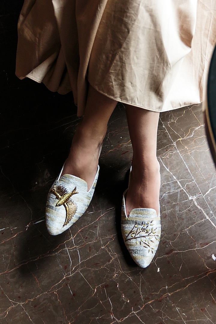 Yellow Hand Embroidered Mules by PURRPLE CLOUDS at Pernia's Pop Up Shop ...