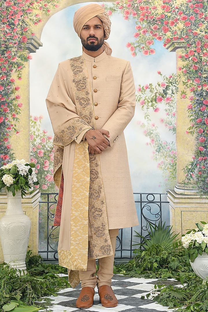 Rose Gold Zardosi Embroidered Sherwani Set Design by Punit Arora at ...