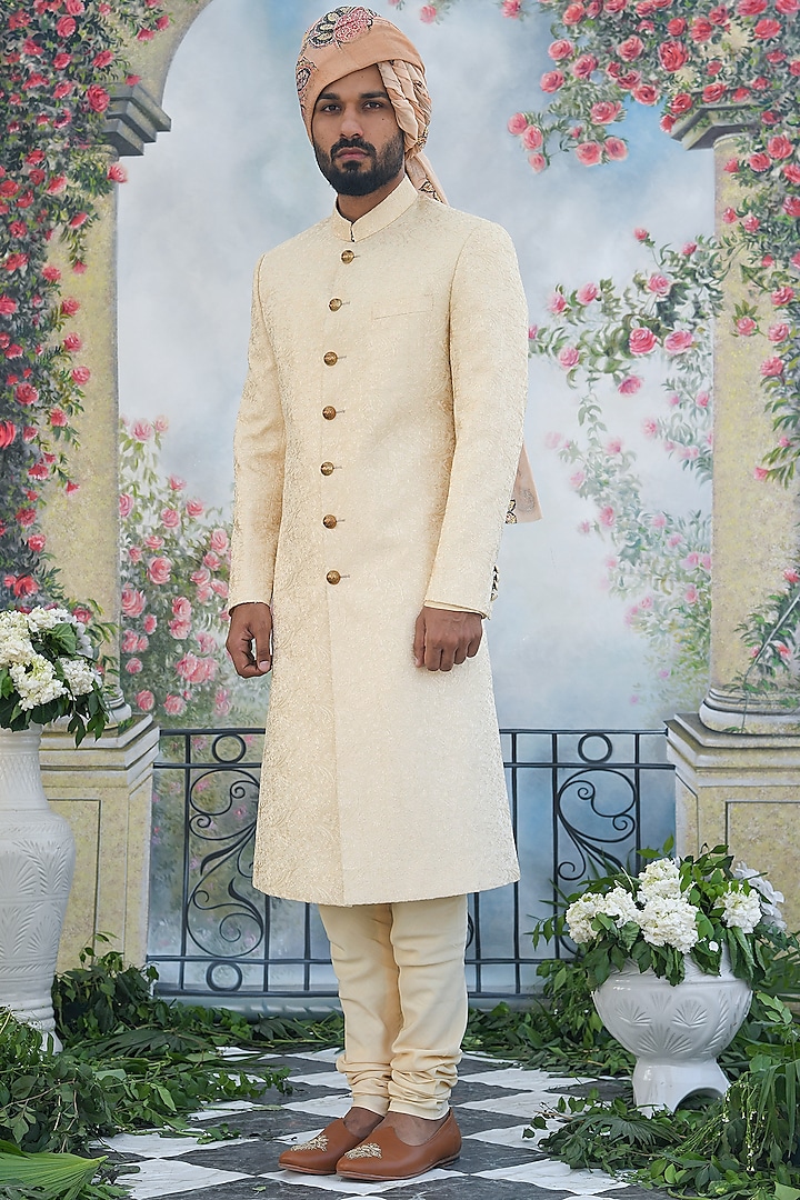Ivory Silk Embroidered Groom Sherwani Set by Punit Arora at Pernia's ...
