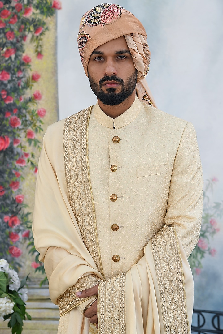 Ivory Silk Embroidered Groom Sherwani Set by Punit Arora at Pernia's ...