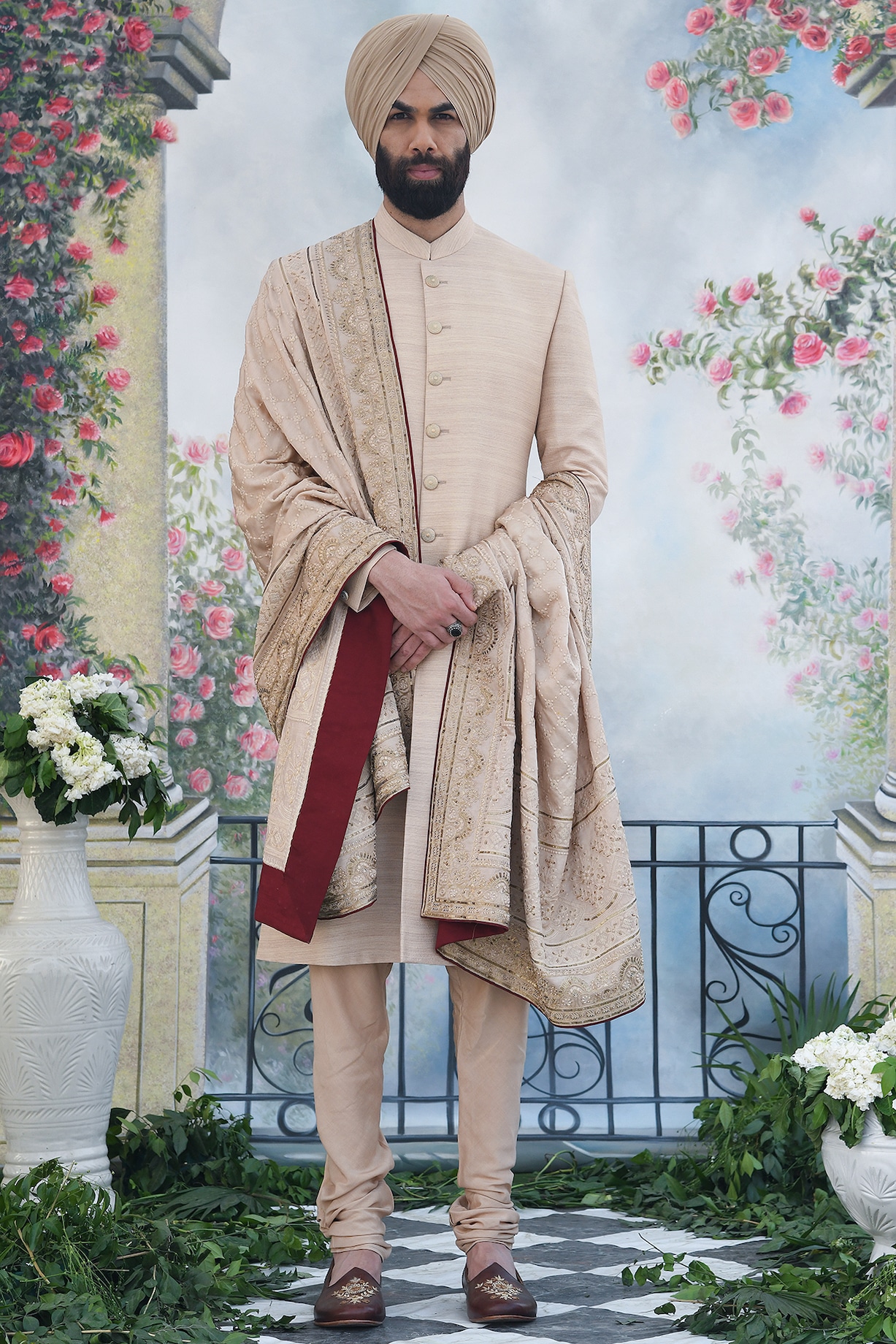 Beige Matka Silk Embroidered Hand-Weaved Groom Sherwani Set by Punit ...