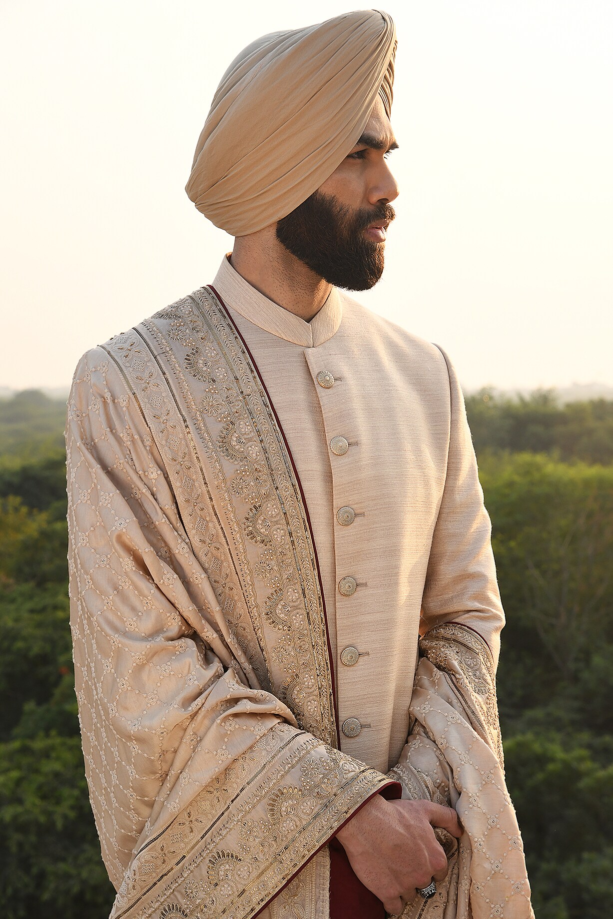 Beige Matka Silk Embroidered Hand-Weaved Groom Sherwani Set by Punit ...