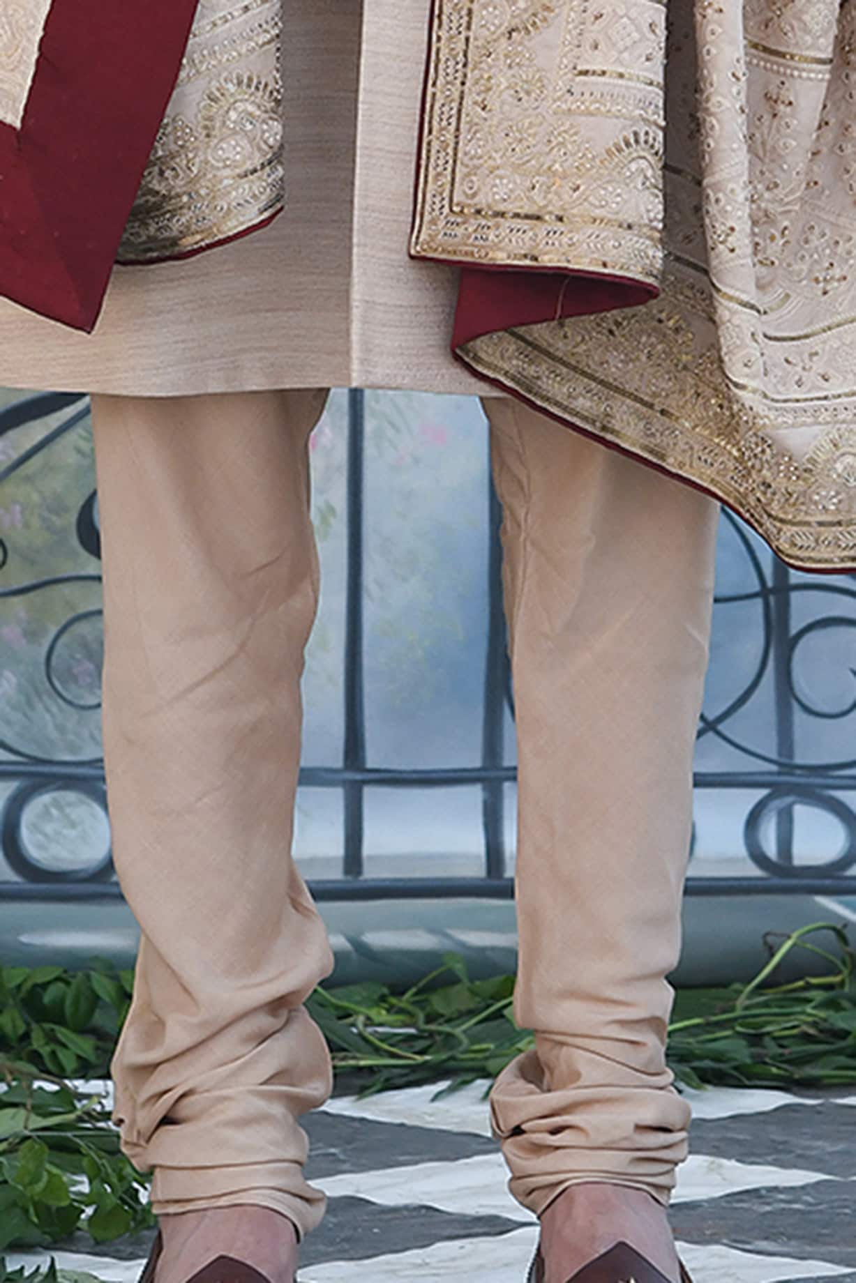 Beige Matka Silk Embroidered Hand-Weaved Groom Sherwani Set by Punit ...