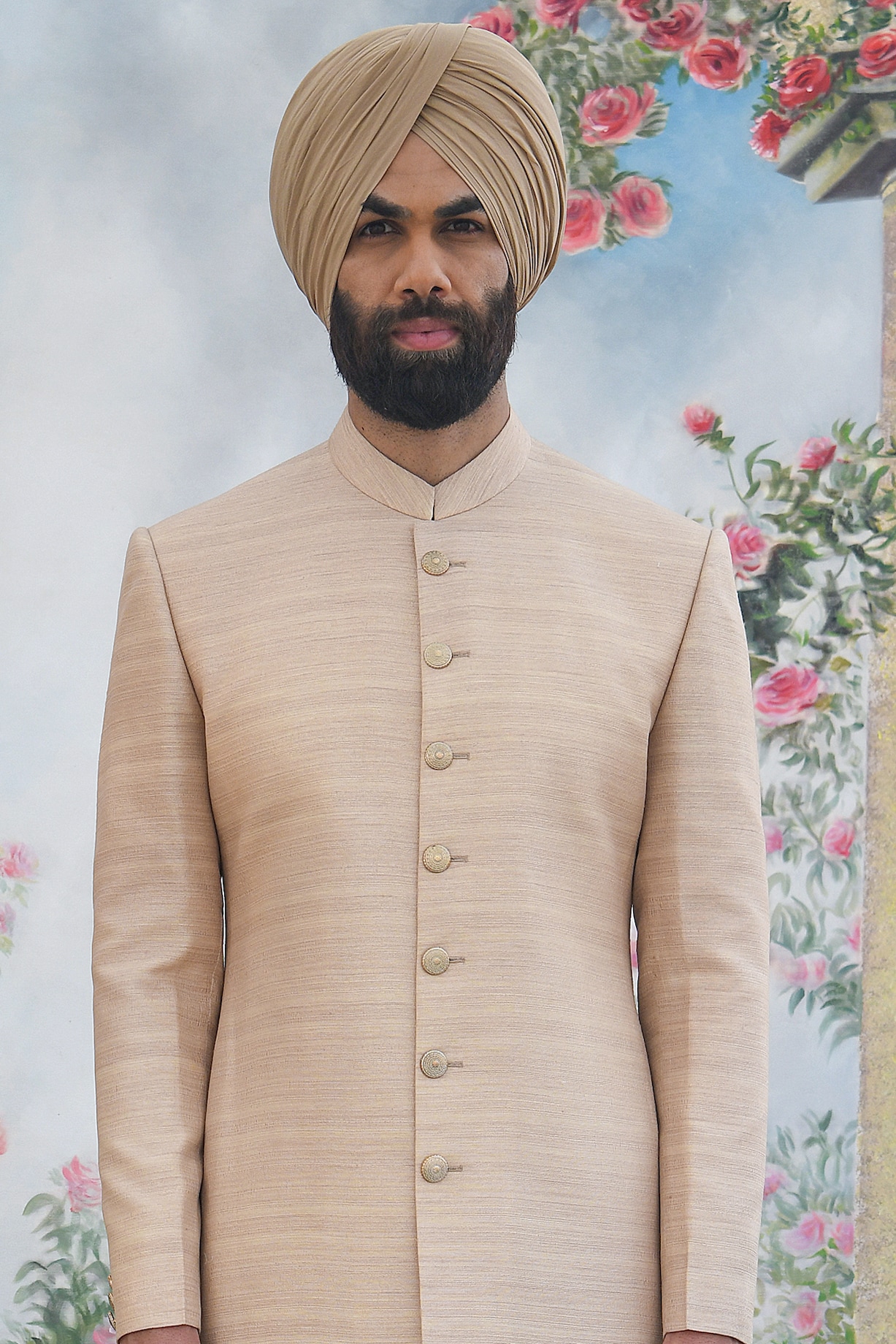 Beige Matka Silk Embroidered Hand-Weaved Groom Sherwani Set by Punit ...