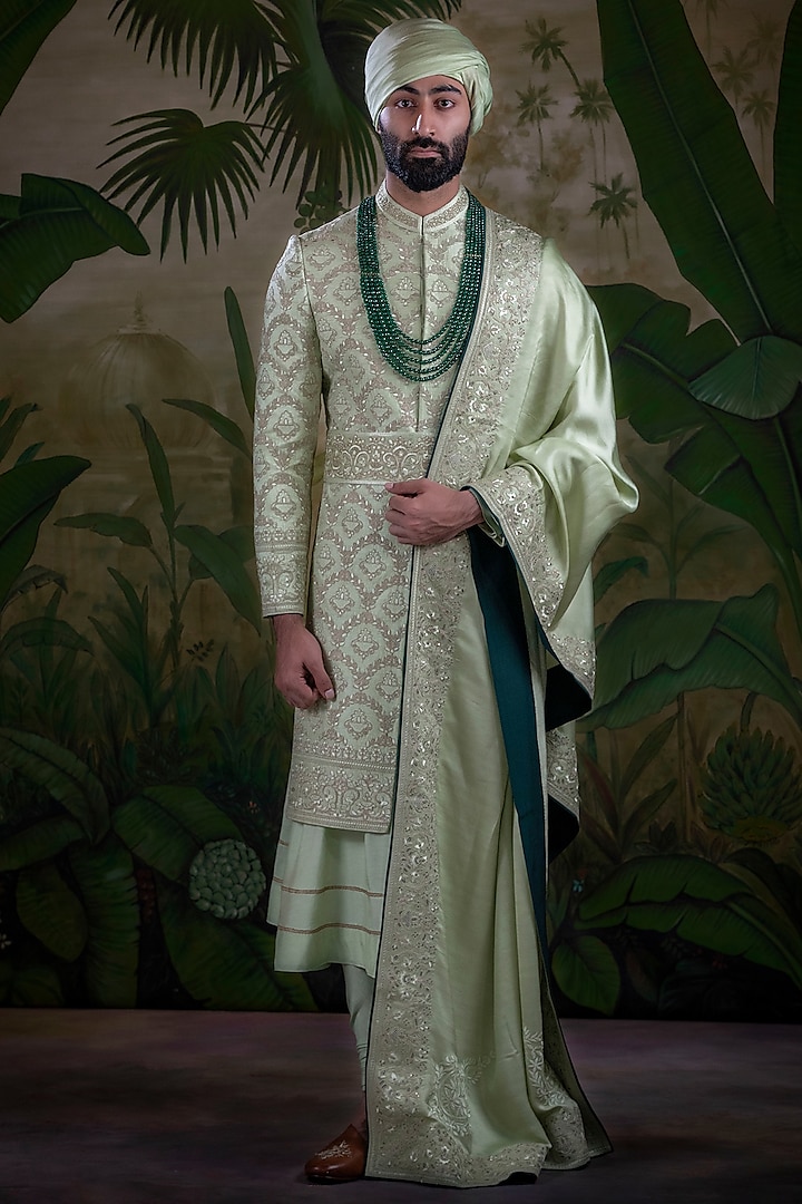 Pistachio Green Silk Jacquard Embroidered Groom Sherwani Set by Punit ...