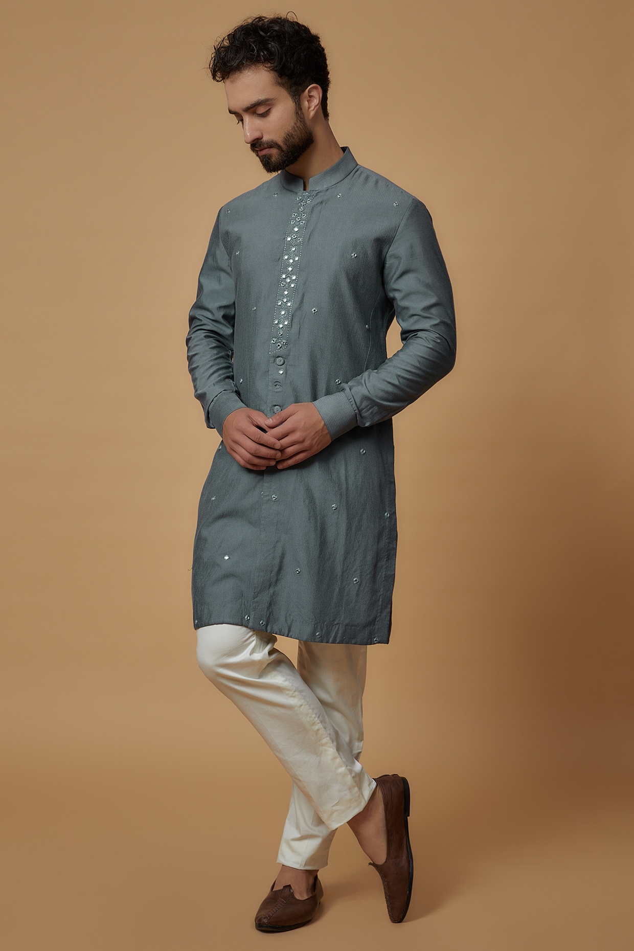 Blue Cotton Silk Mirror Embroidered Kurta by Punit Arora at Pernia's ...