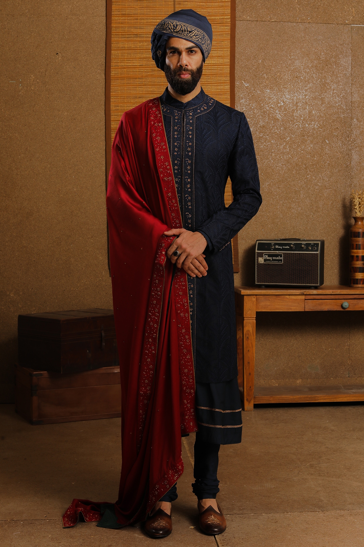 Navy Blue Silk Embroidered Groom Sherwani Set by Punit Arora at Pernia ...