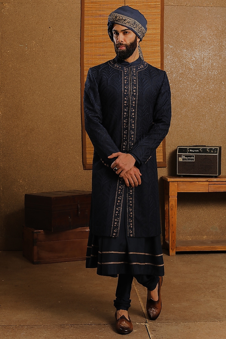 Navy Blue Silk Embroidered Groom Sherwani Set by Punit Arora at Pernia ...
