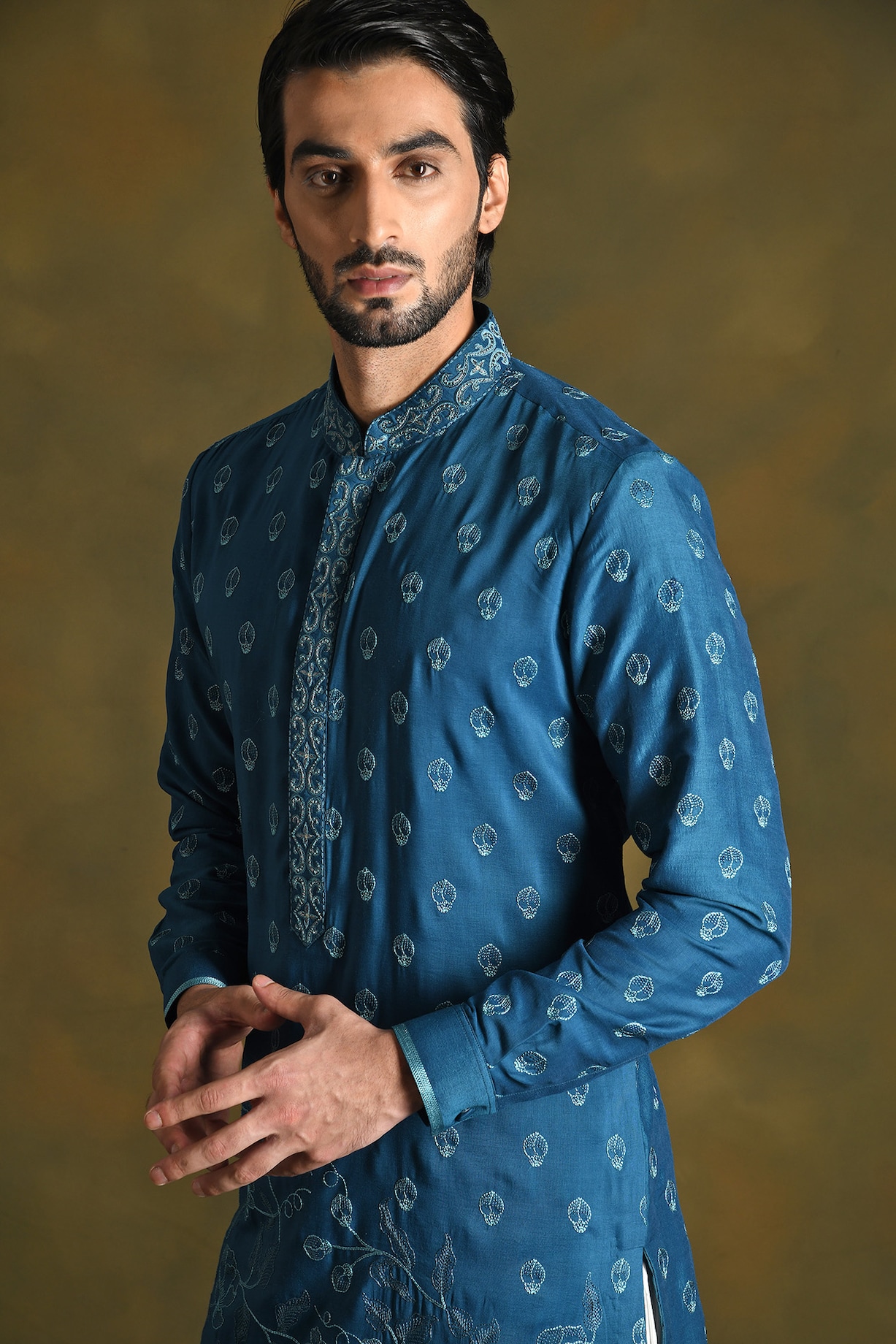 Buy Punit Arora Prussian Blue Modal Cotton & Silk Embroidered Kurta Set ...