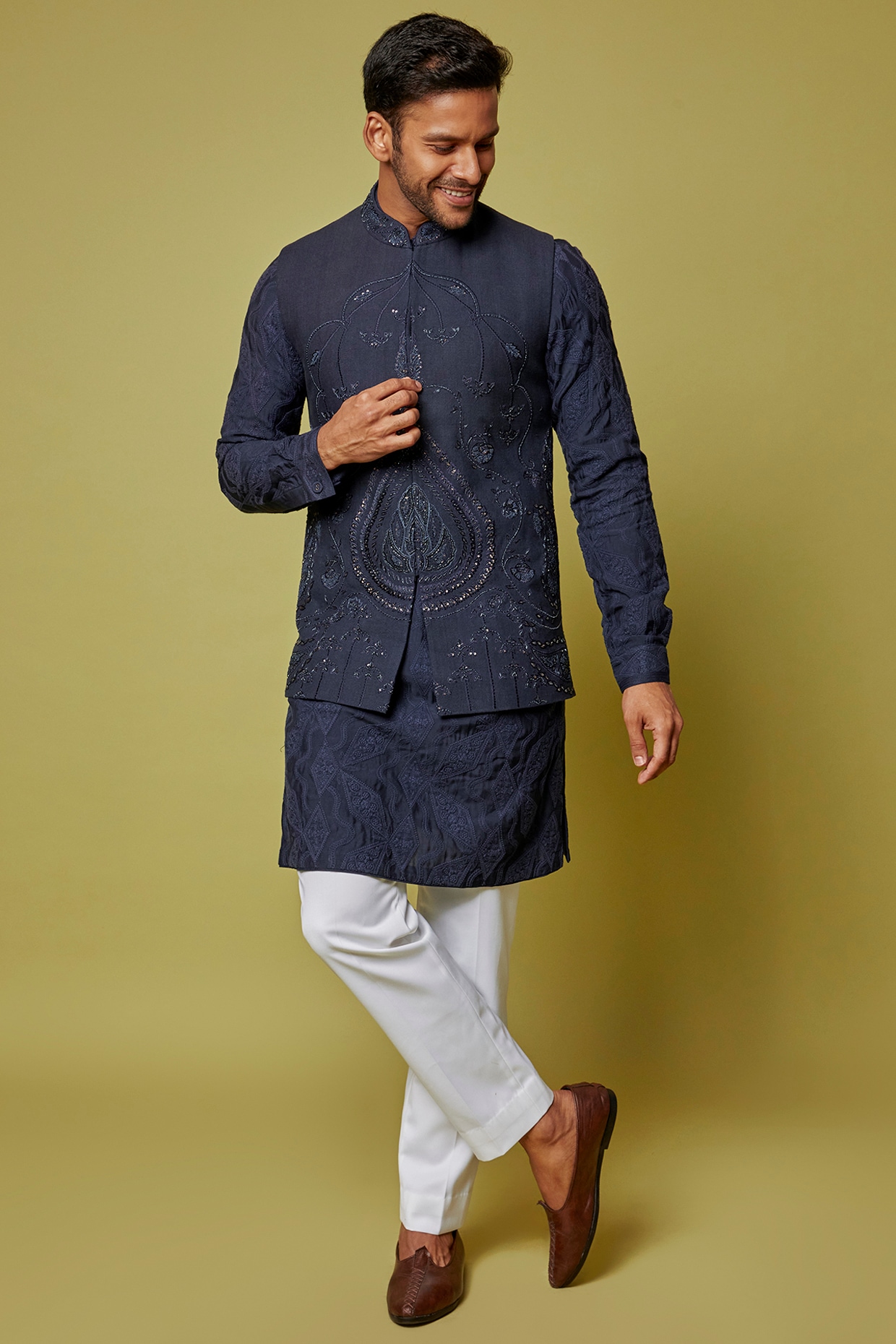 Navy Blue Matka Silk Bundi Jacket Set by Punit Arora at Pernia's Pop Up ...
