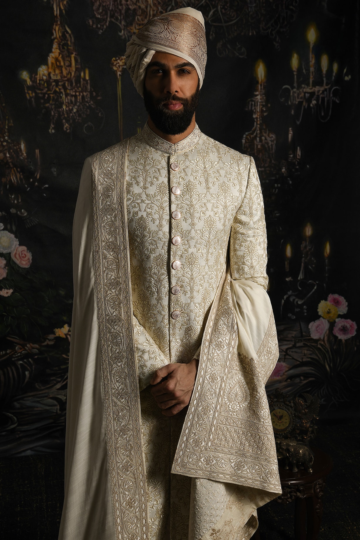 Buy Punit Arora Cream Silk Embroidered Sherwani Set at Pernia ...