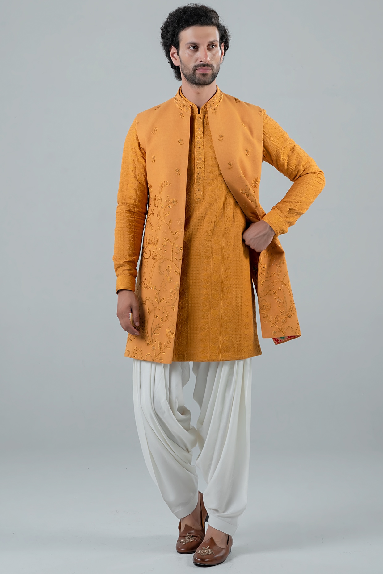 Mustard Matka Silk Indowestern Jacket Set by Punit Arora at Pernia's ...