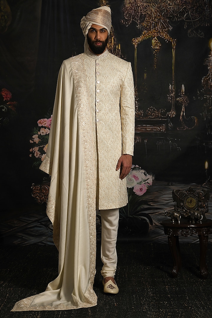 Brilliant Ivory Silk Embroidered Groom Sherwani Set by Punit Arora at ...