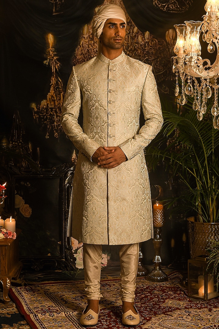 Palladian Grey Jacquard Silk Paisley Embroidered Wedding Sherwani Set ...