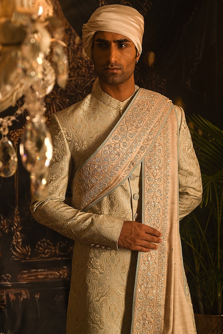 Palladian Grey Jacquard Silk Paisley Embroidered Sherwani Set Design by ...