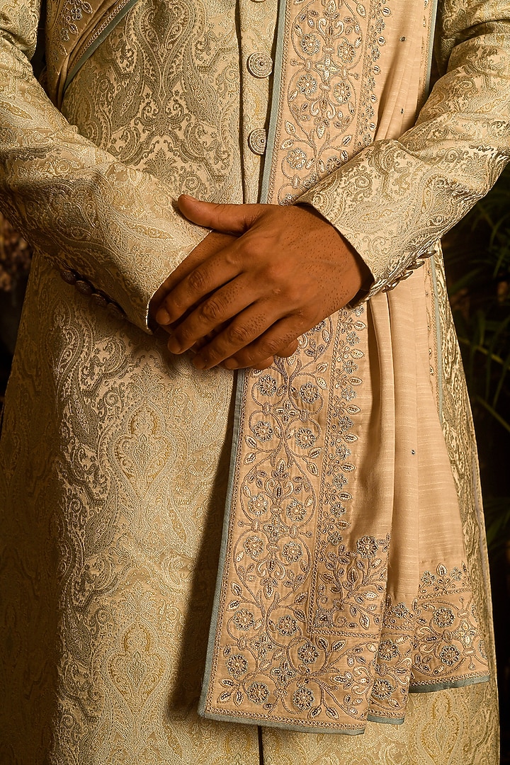 Palladian Grey Jacquard Silk Paisley Embroidered Wedding Sherwani Set ...