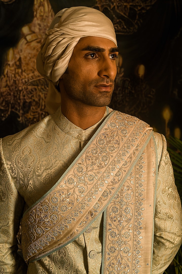 Palladian Grey Jacquard Silk Paisley Embroidered Wedding Sherwani Set ...