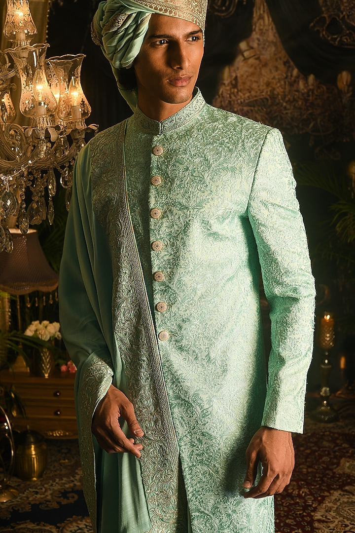 Mint Green Silk Thread Embroidered Groom Sherwani Set by Punit Arora at ...