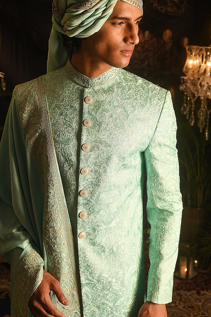 Mint Green Silk Thread Embroidered Groom Sherwani Set by Punit Arora at ...