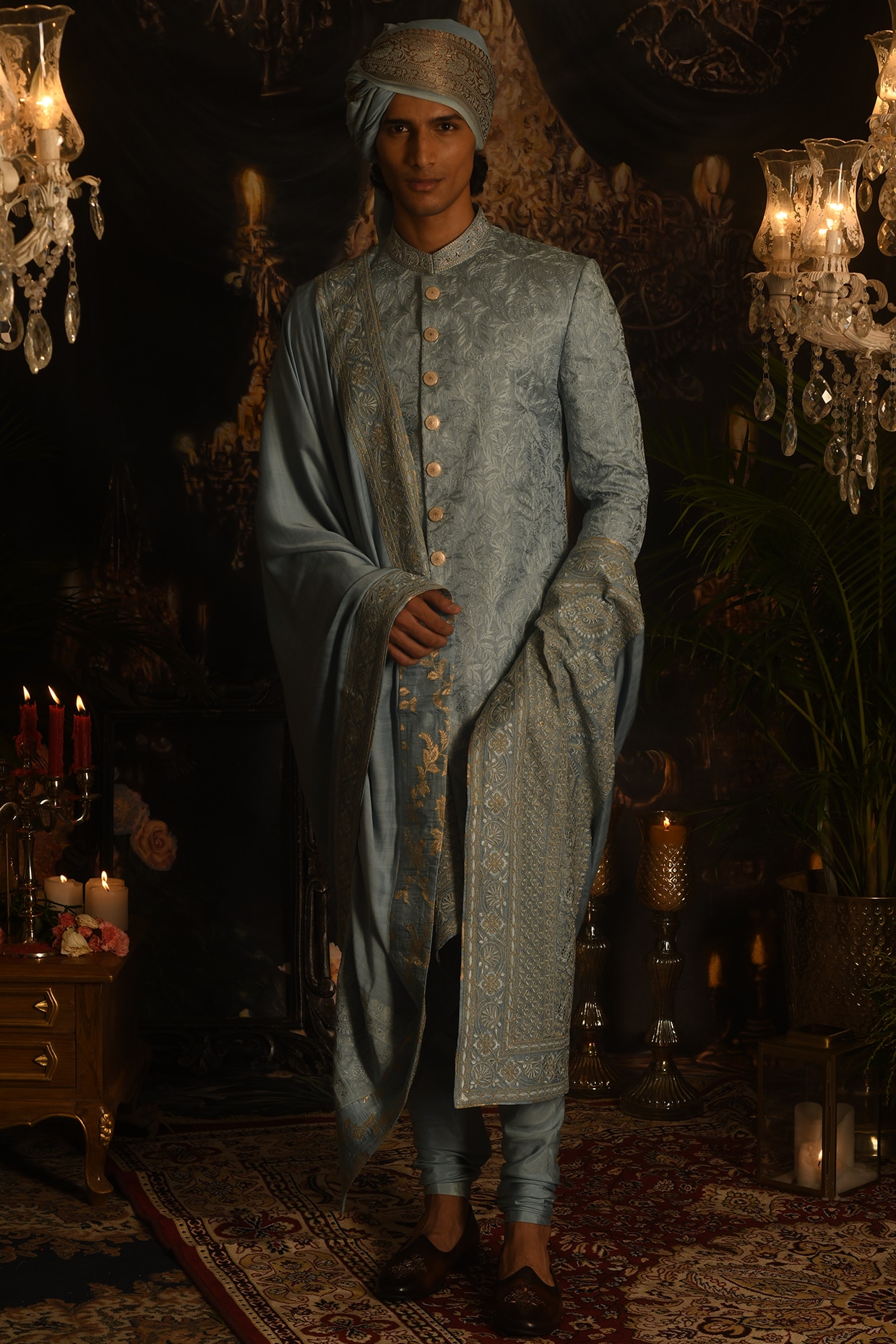 Sky Blue Silk Thread Embroidered Groom Sherwani Set by Punit Arora at ...