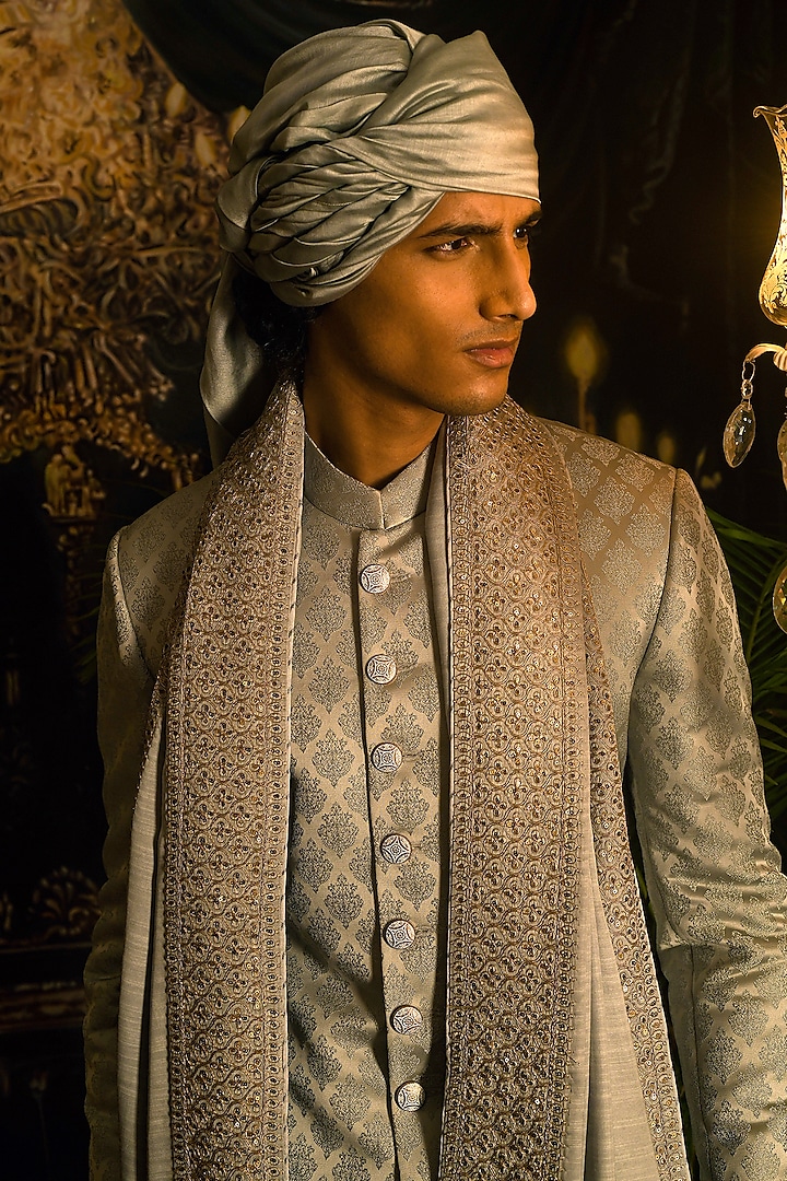 Platinum Grey Jacquard Silk Embroidered Wedding Sherwani Set by Punit ...