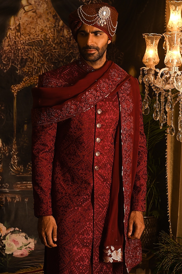 Maroon Red Silk Thread Embroidered Groom Sherwani Set by Punit Arora at ...