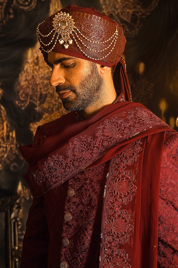 Maroon Red Silk Thread Embroidered Groom Sherwani Set by Punit Arora at ...