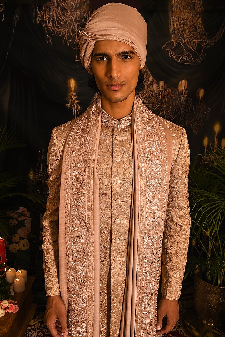 Champagne Gold Silk Floral Embroidered Groom Sherwani Set by Punit ...