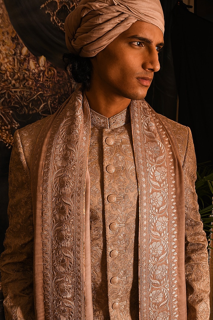 Champagne Gold Silk Floral Embroidered Groom Sherwani Set by Punit ...