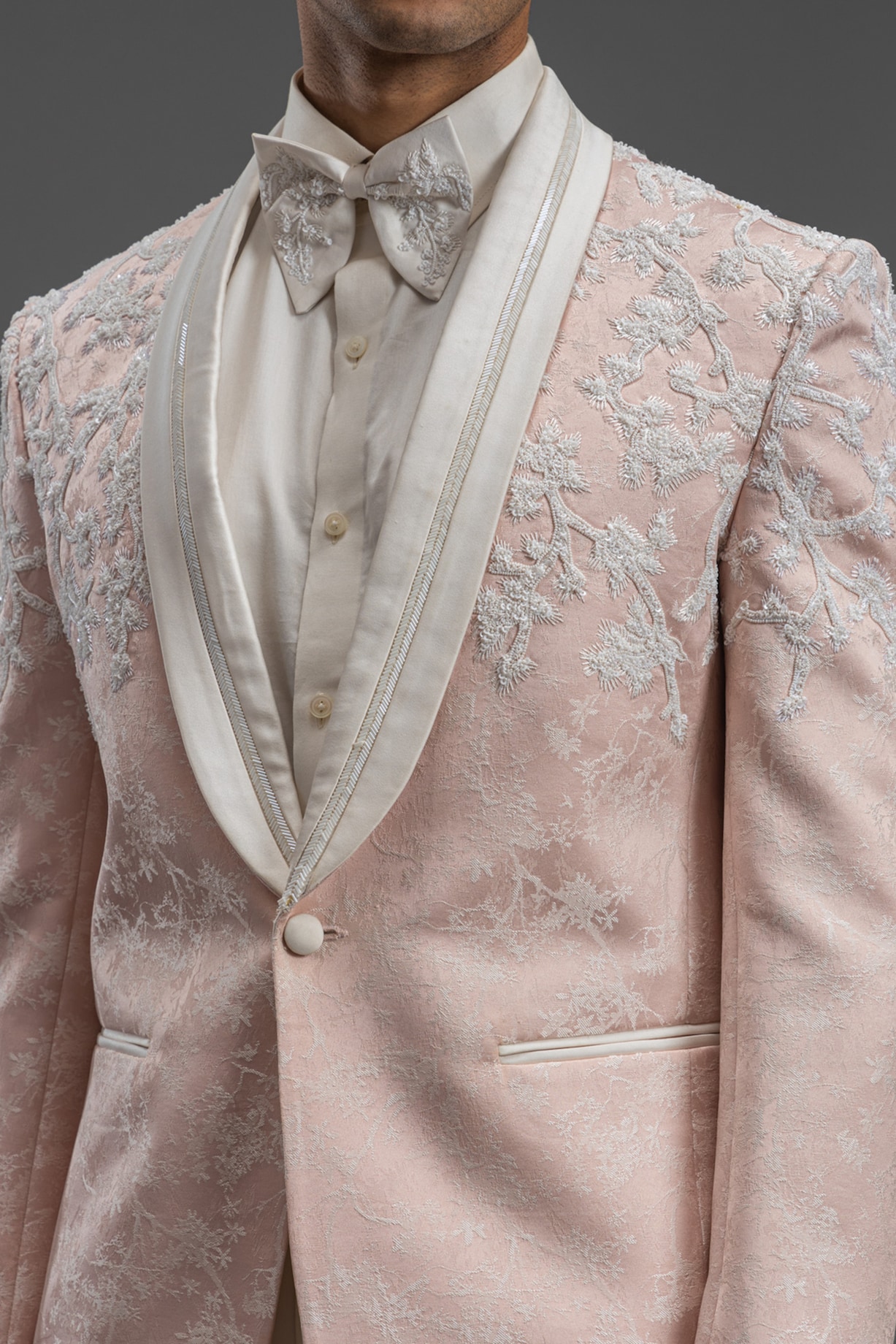 Coral Peach Jacquard Embroidered Tuxedo Set by PURUSHAM at Pernia's Pop ...