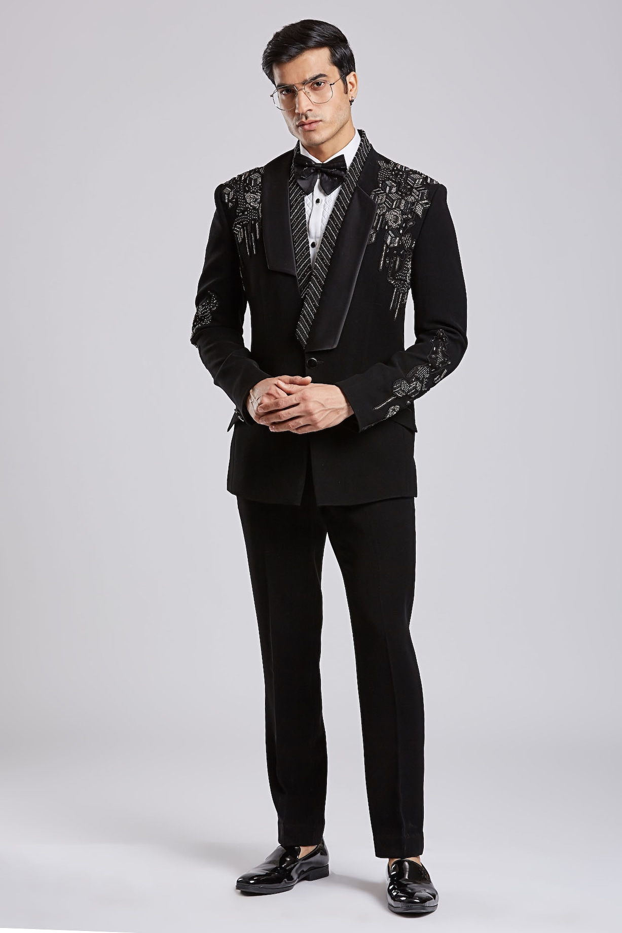 Jet Black Japanese Suiting Hand Embroidered Tuxedo Set by PURUSHAM at ...