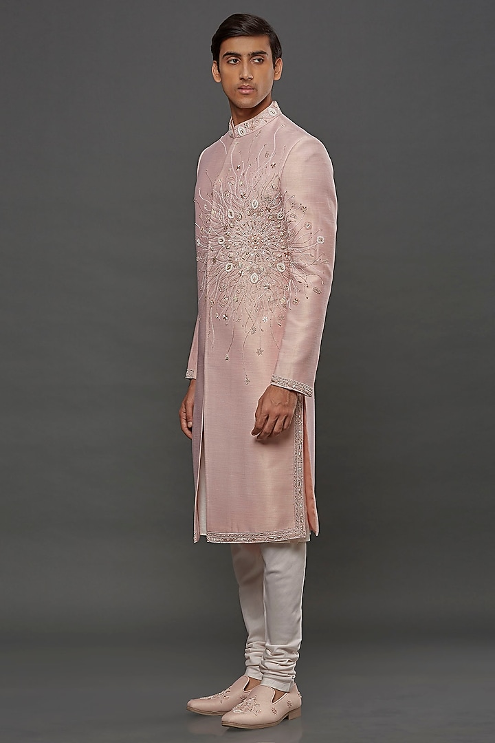 Pastel Pink Metallic Silk Hand Embroidered Groom Sherwani Set by ...