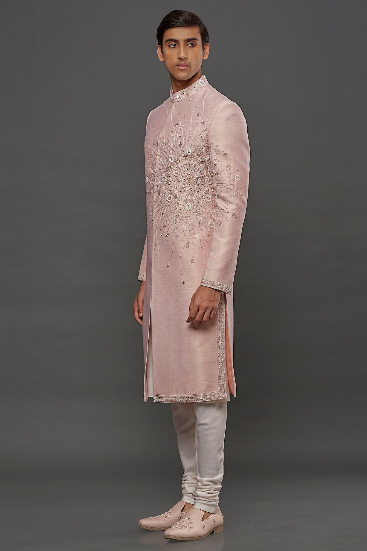 Pastel Pink Metallic Silk Hand Embroidered Groom Sherwani Set by ...
