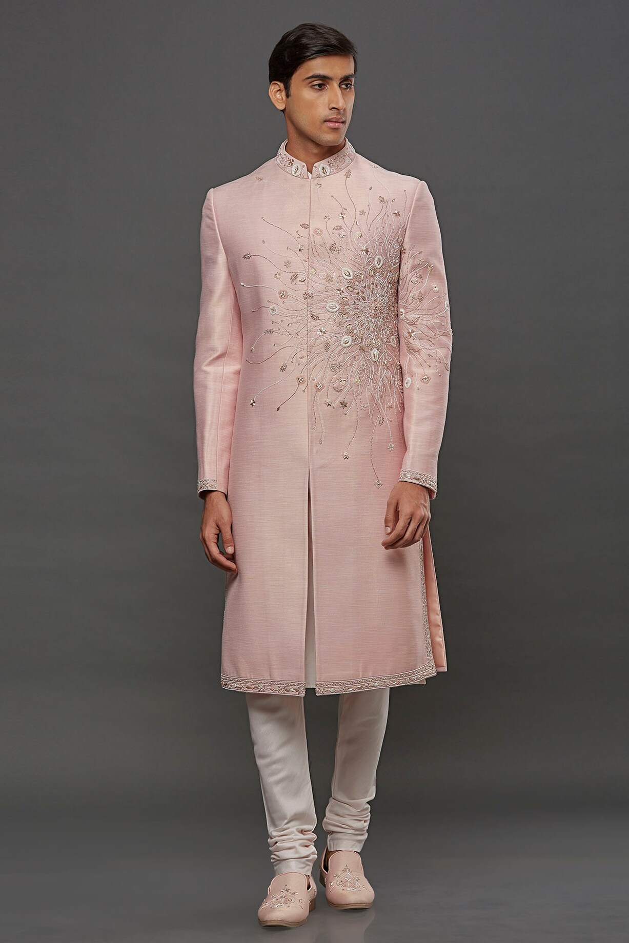 Pastel Pink Metallic Silk Hand Embroidered Groom Sherwani Set by ...