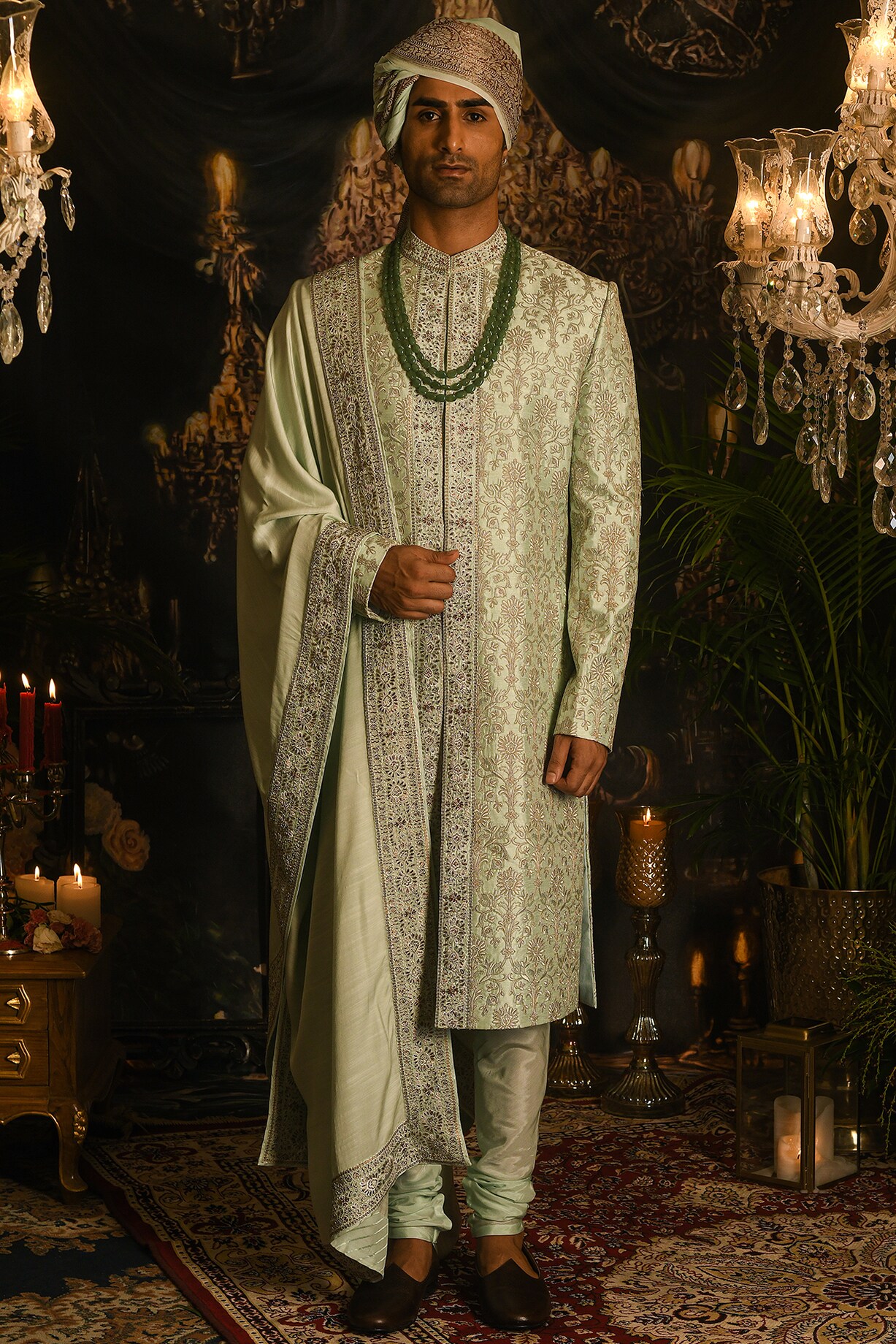 Mint Majesty Silk Thread & Zardozi Embroidered Groom Sherwani Set by ...