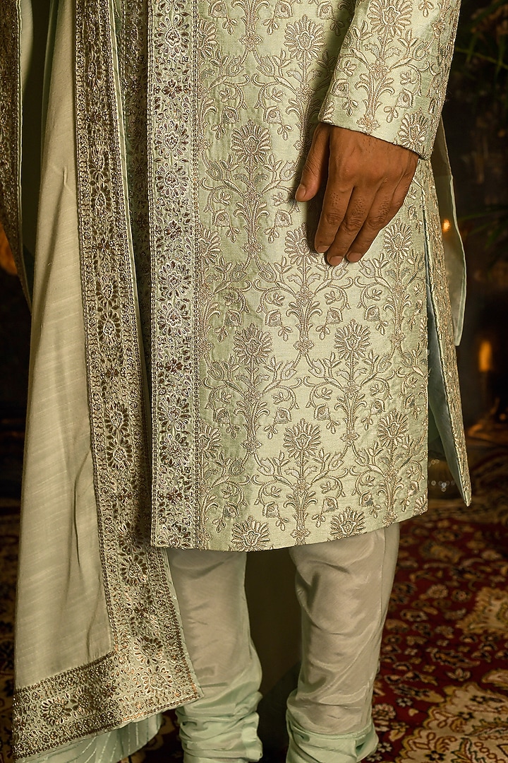 Mint Majesty Silk Thread & Zardozi Embroidered Groom Sherwani Set by ...
