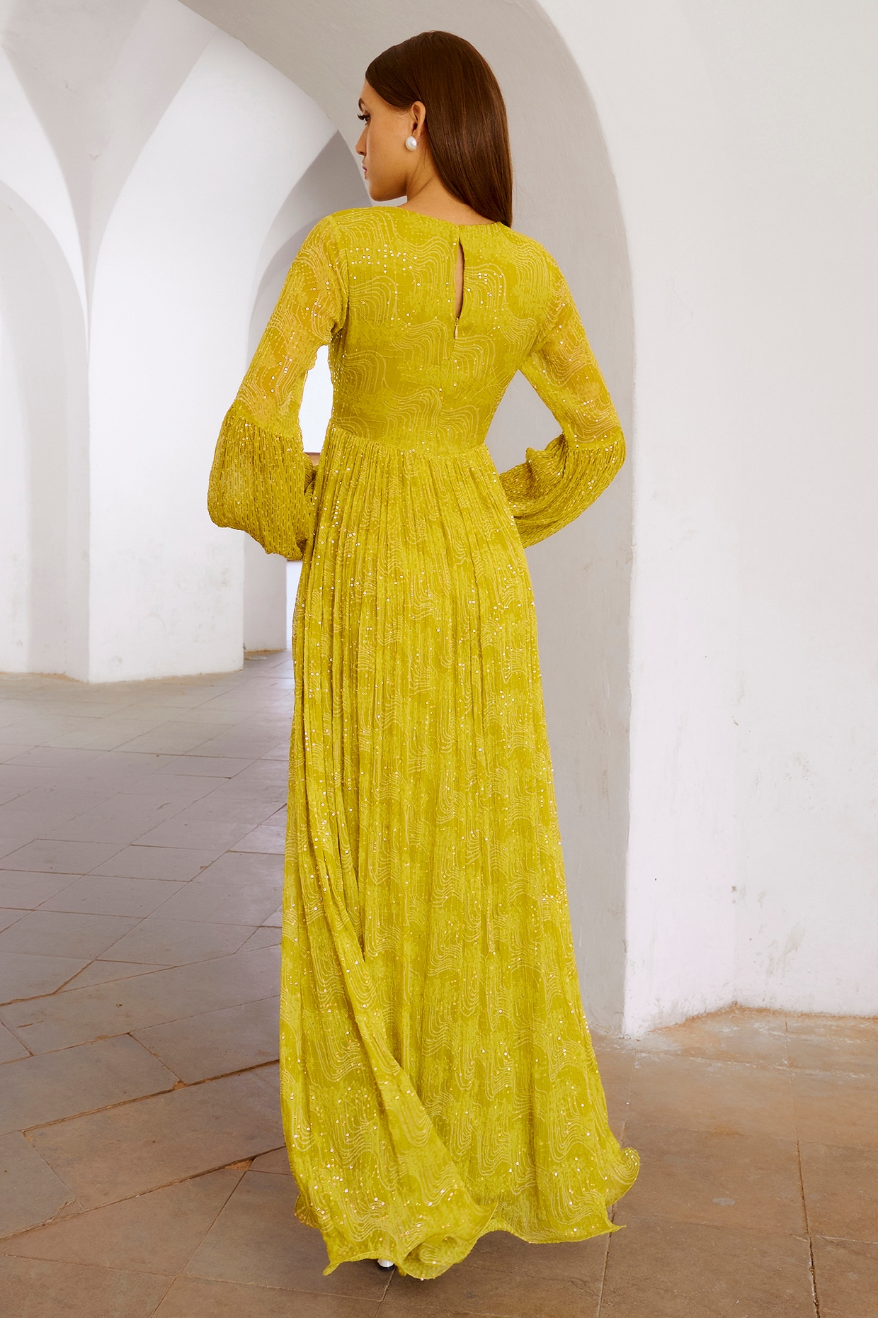 Lemon Green Chiffon Floral Printed & Sequins Work Maxi Dress by