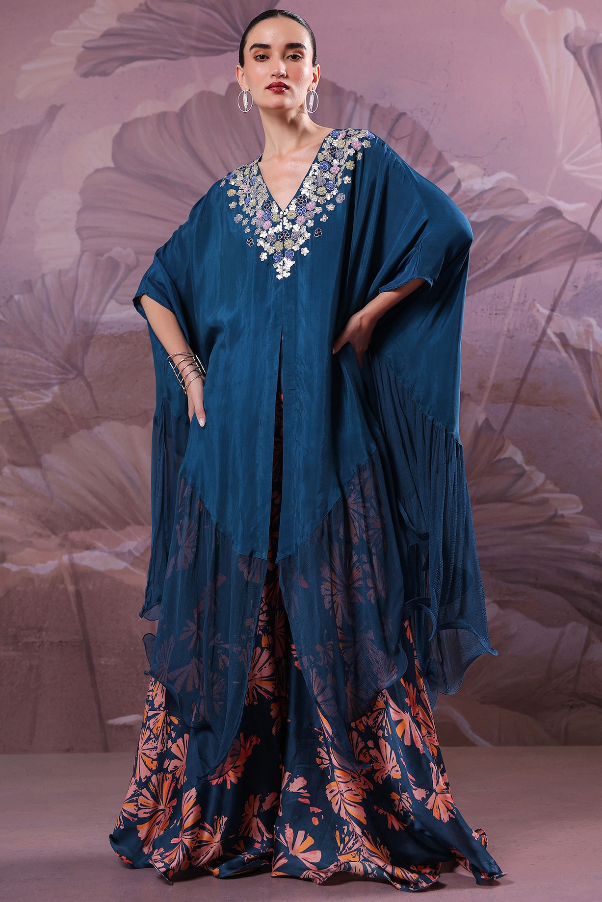 Persian Blue Silk Gota-Patti Embroidered Kaftan Set by Pallavi Jaipur ...