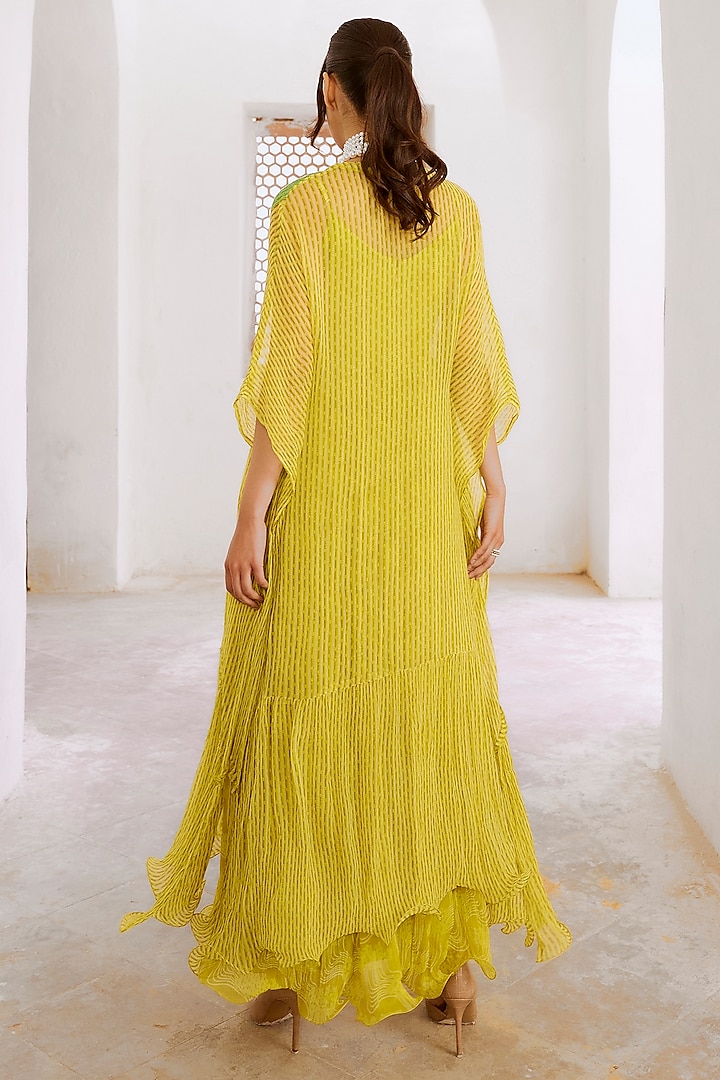 Lemon Green Silk Blend Floral Printed Maxi Dress With Kaftan by Pallavi ...