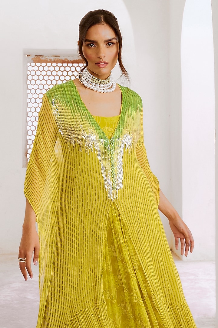 Lemon Green Silk Blend Floral Printed Maxi Dress With Kaftan by Pallavi ...